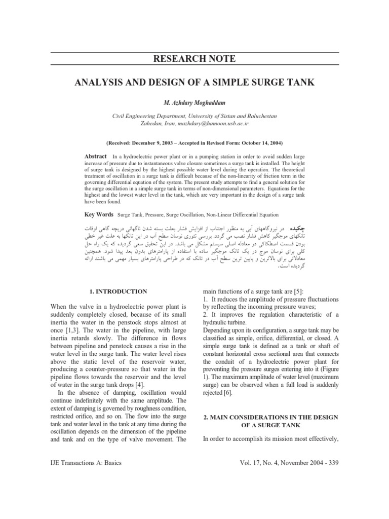 Analysis and Design of A Simple Surge Tank | PDF | Soft Matter | Equations