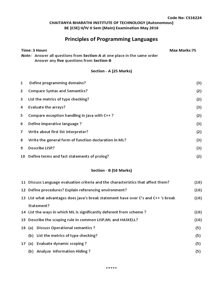 Principles of Programming Languages Code No: CS16224 | PDF | Scope ...