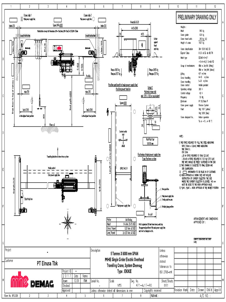 GA Drawing Overhead Crane Mhe Demag 471AJ17R0 EKKE 5t x 6m Span Exproof ...