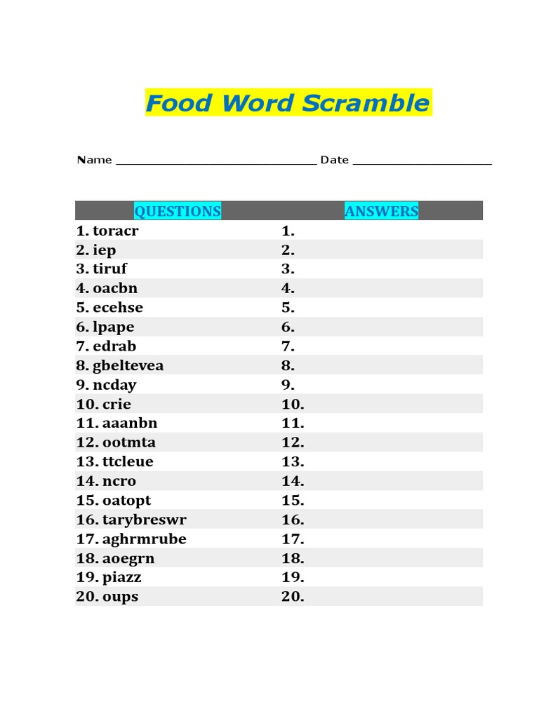 Food Word Scramble | PDF