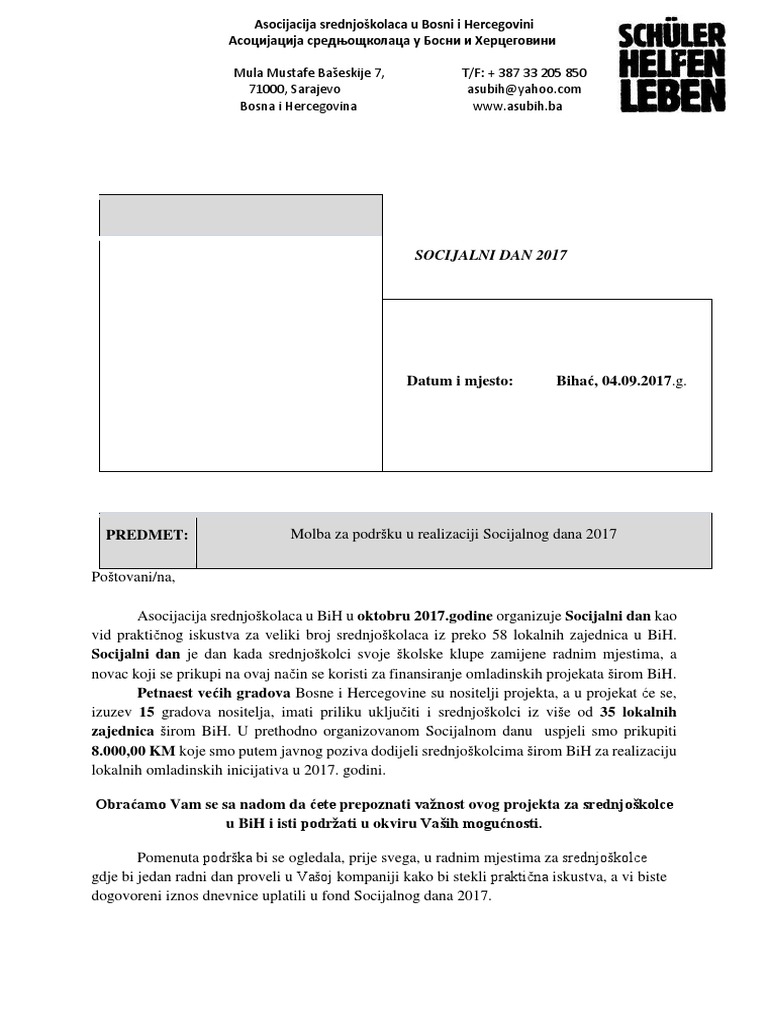 Molba Za Podrs Ku SD Primjer Dopisa Draft | PDF