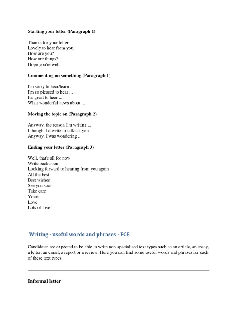 Writing - Useful Words and Phrases for Common Text Types | PDF ...