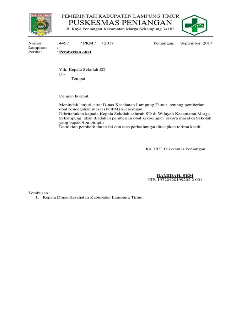 Surat Pemberian Obat Cacing | PDF