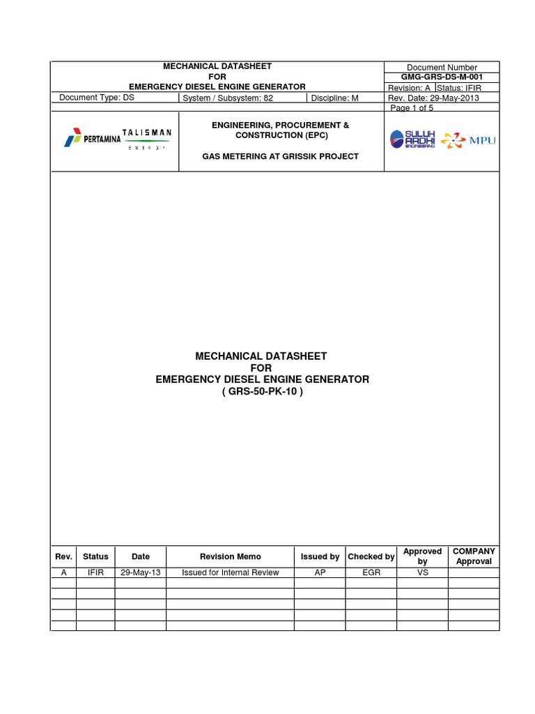 GMG-GRS-DS-M-001 Rev.0 Data Sheet For Emergency Diesel Generator | PDF ...