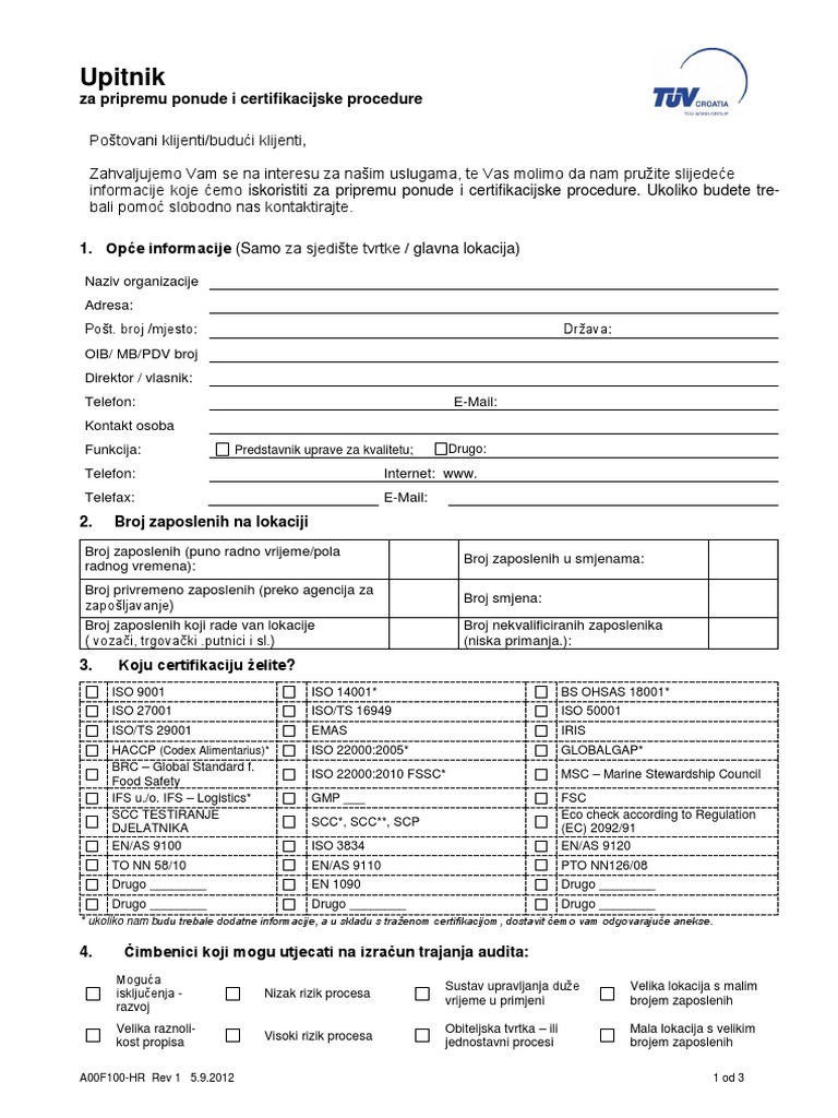 Upitnik Za Pripremu Ponude I Certifikacijske Procedure | PDF