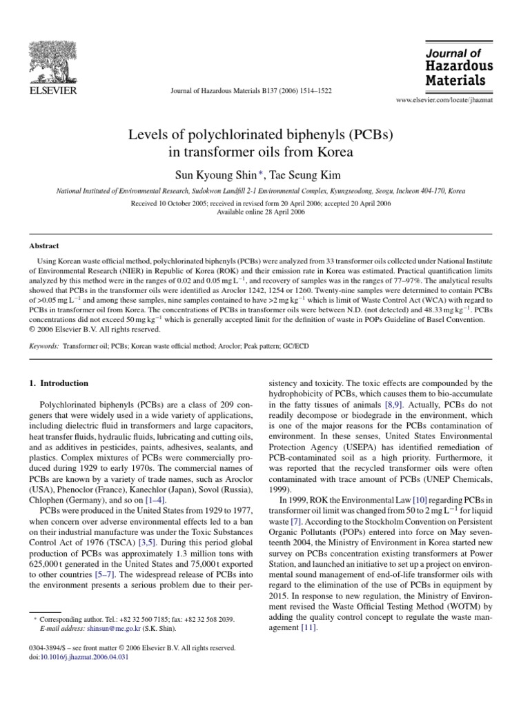 Levels of Polychlorinated Biphenyls (PCBS) in Transformer Oils From ...