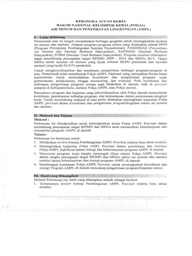 KAK Rapat Koordinasi Nasional Pokja AMPL Provinsi PDF | PDF