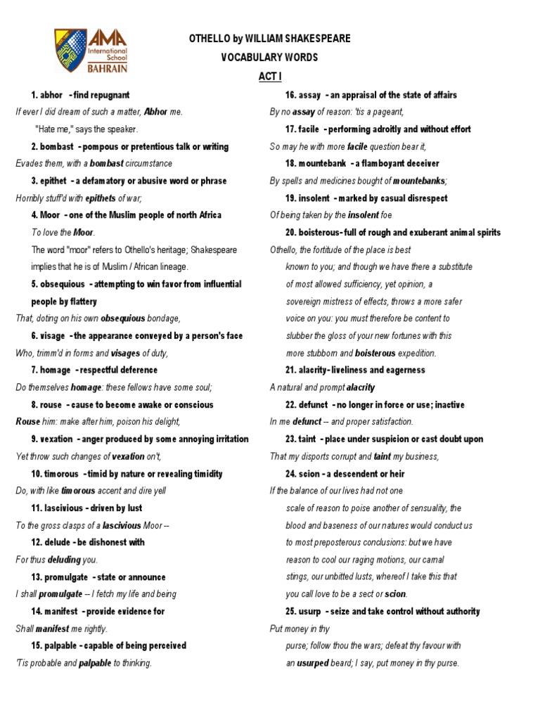 Othello Vocabulary Words | PDF | Iago | Religion And Belief