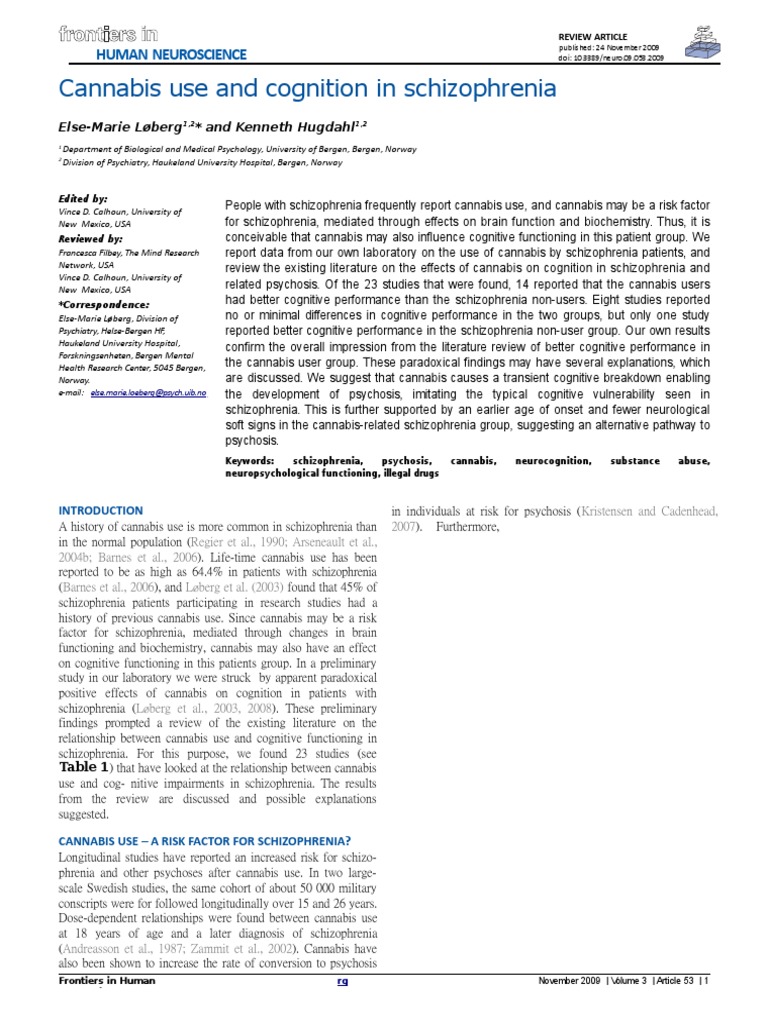 Cannabis Use Cognition Schizophrenia Pdf Schizophrenia Psychosis