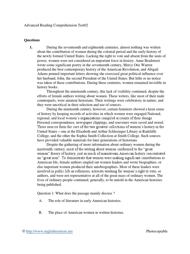 Advanced Reading Comprehension Test02 PDF | PDF | Abigail Adams ...