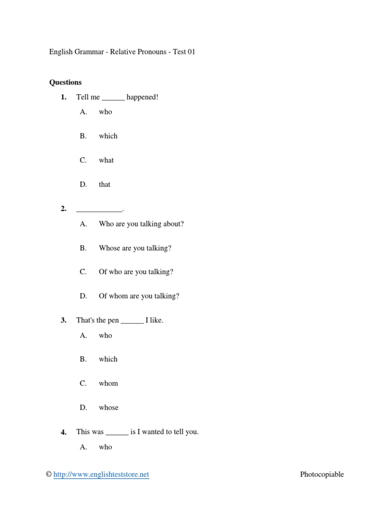 English Grammar - Relative Pronouns - Test 01 | PDF | Social Science