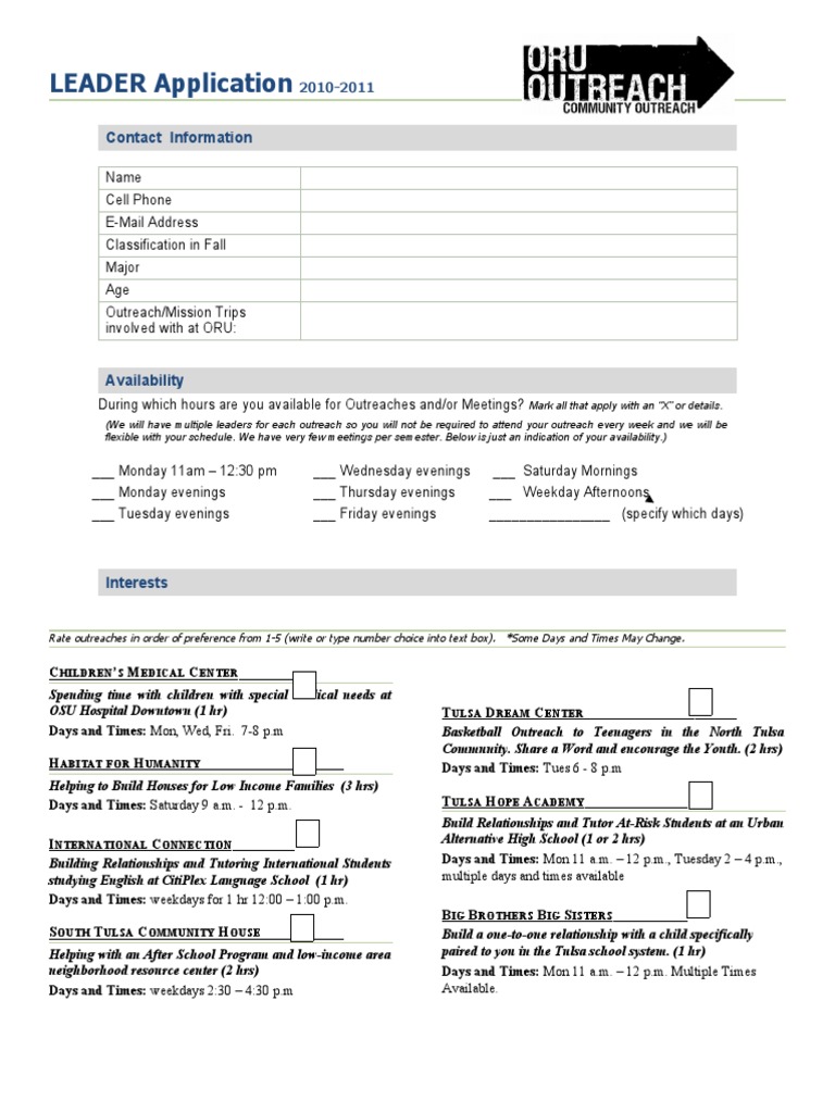 2010 CO LEADER Application | PDF | Leadership | Workweek And Weekend
