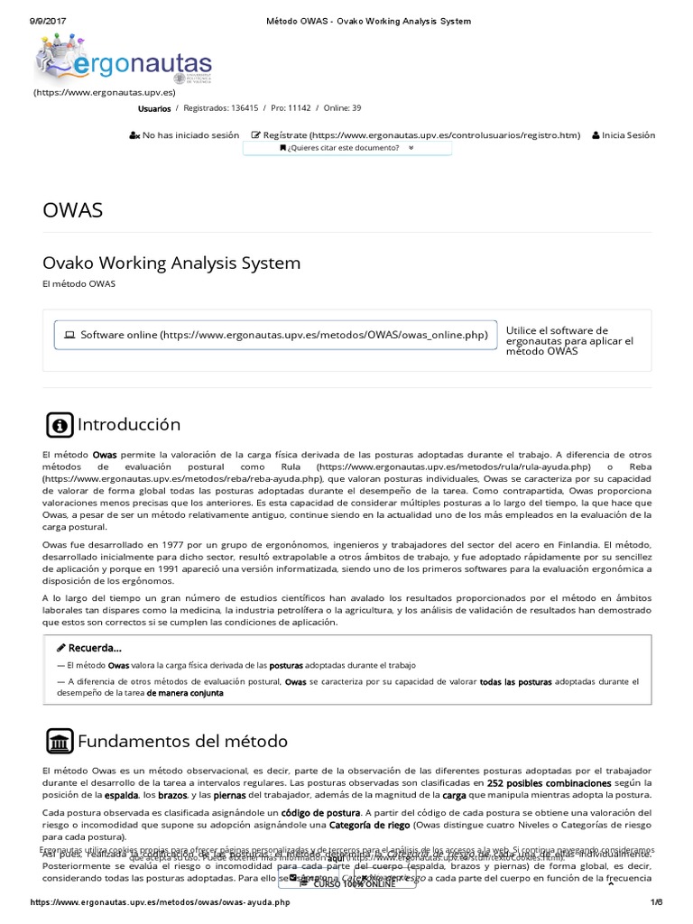 Método OWAS - Ovako Working Analysis System | PDF | Muestreo ...