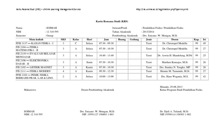 Kartu Recana Studi (KRS) - UNIMA Learning Management Service | PDF