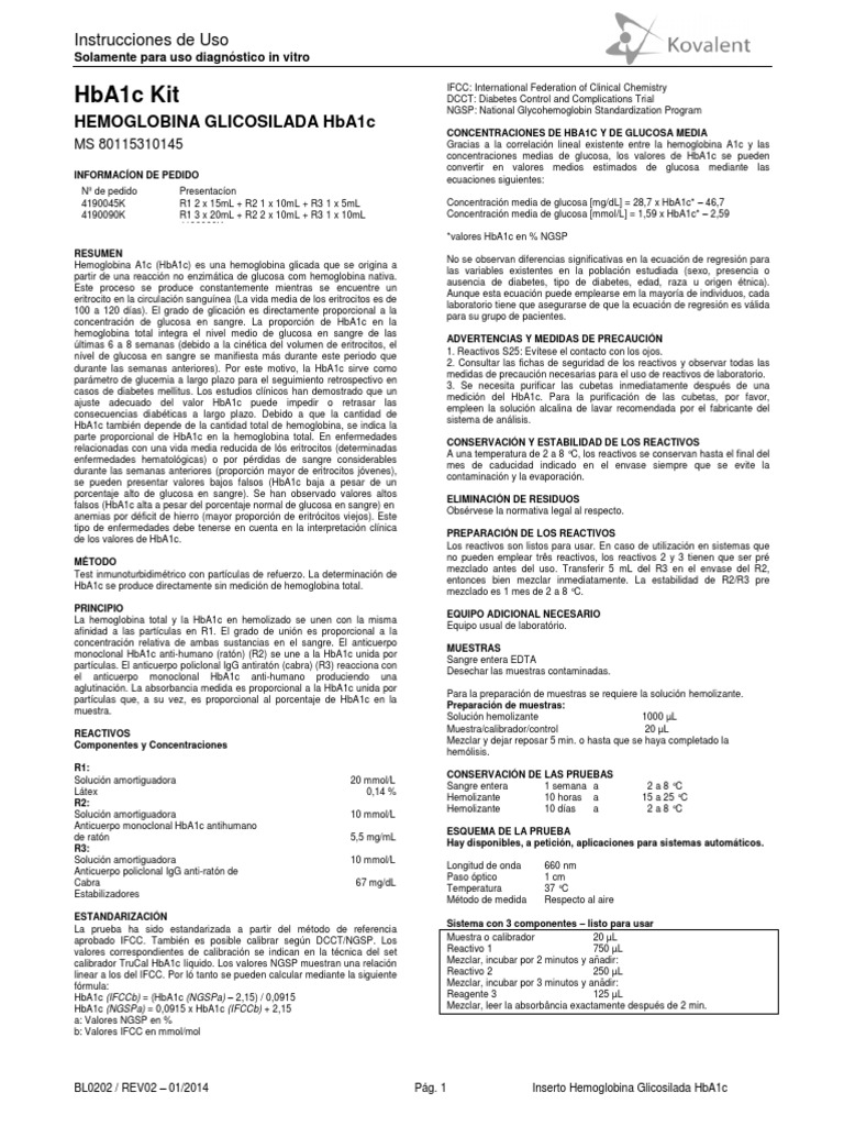 Inserto Hemoglobina Glicosilada Hba1c | PDF | Sangre | Diabetes mellitus