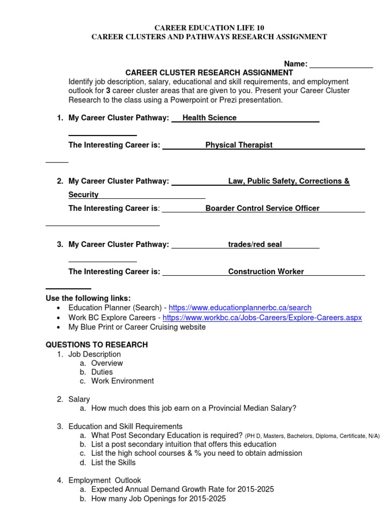 Career Cluster Research Assignment Cel10 | PDF