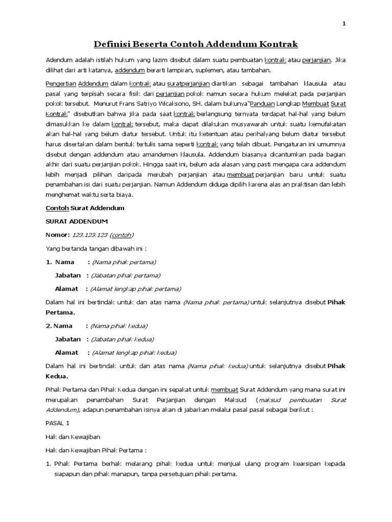 Definisi Beserta Contoh Addendum Kontrak | PDF