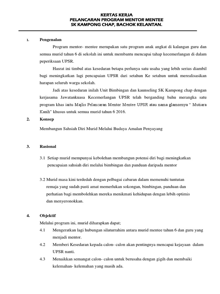 Kertas Kerja Program Mentor Mentee-2016-SKKC-2 | PDF