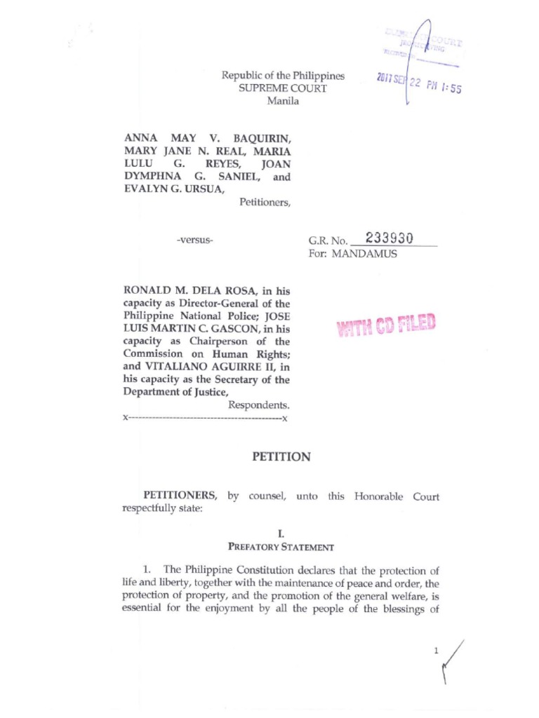Petition For Mandamus Supreme Court To PNP, CHR, DOJ Chiefs | PDF ...