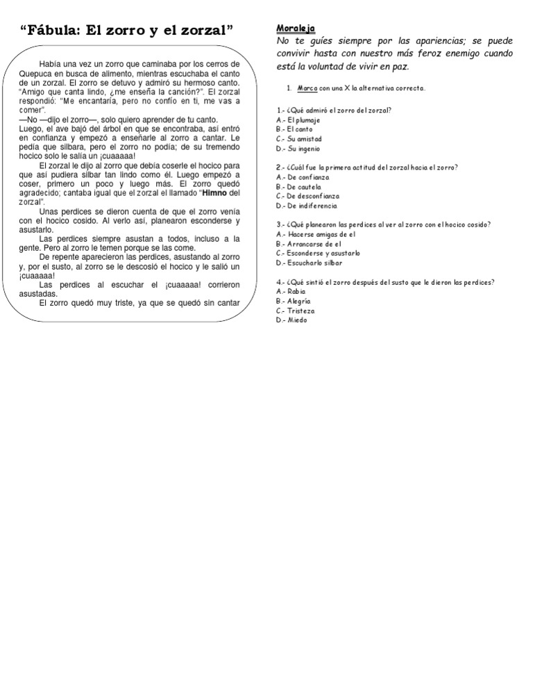 Fabula El Zorro y El Zorzal 1 | PDF | Ocio