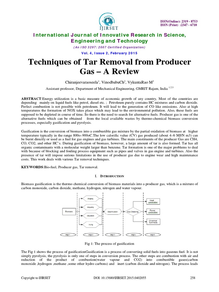 Techniques of Tar Removal From Producer Gas - A Review | PDF ...