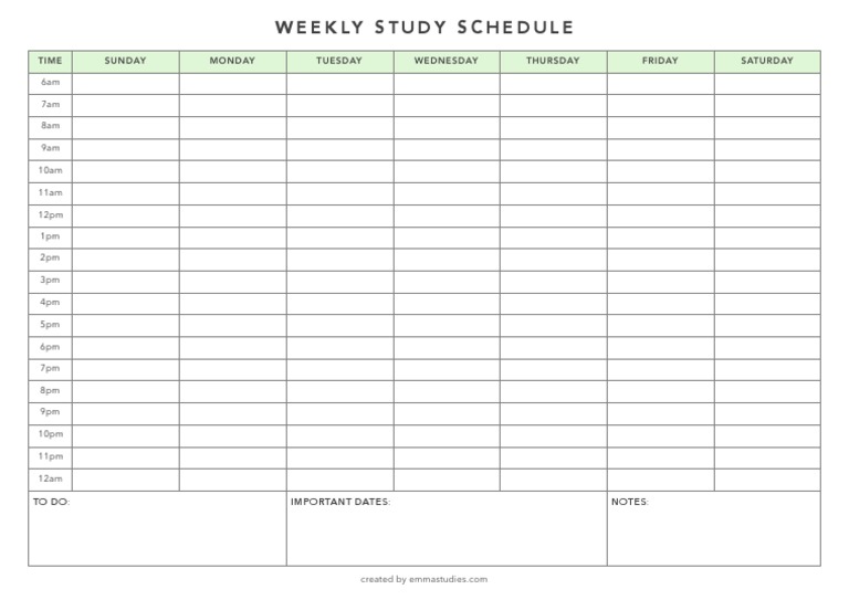 Weekly Study Schedule Template | PDF | Language Arts & Discipline | Art