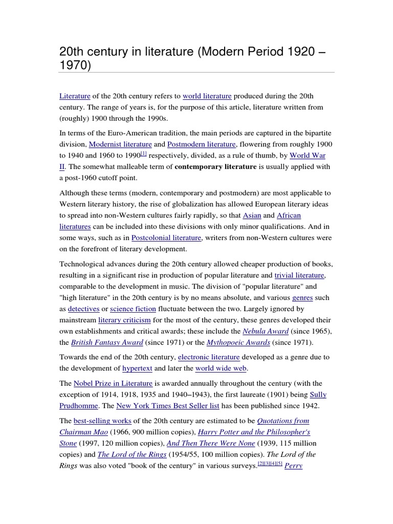 20th Century Literature Overview | PDF | English Language Literature ...