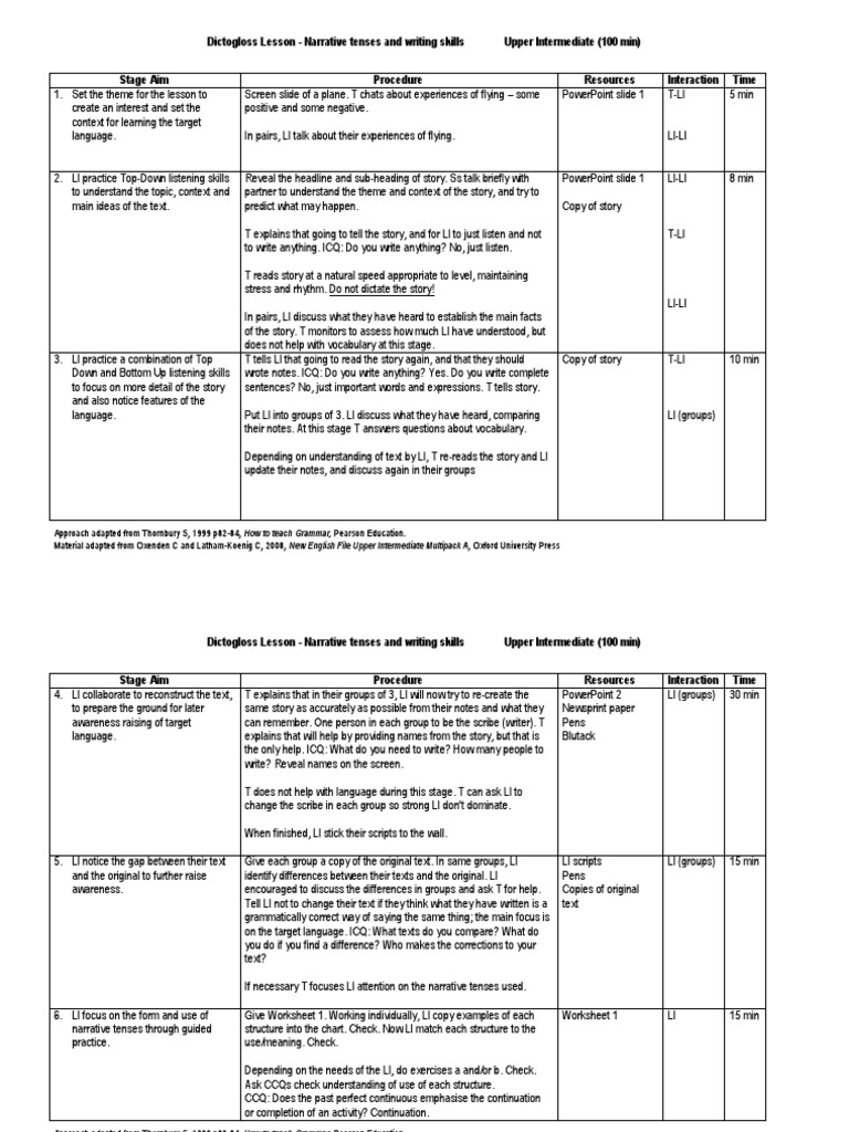 Narrative Tenses Lesson Plan and Handouts-Using Dictogloss Upper ...