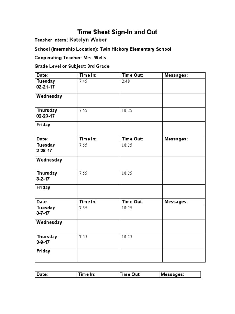Katelyn Weber - Time in Out Sheet | PDF | Sports