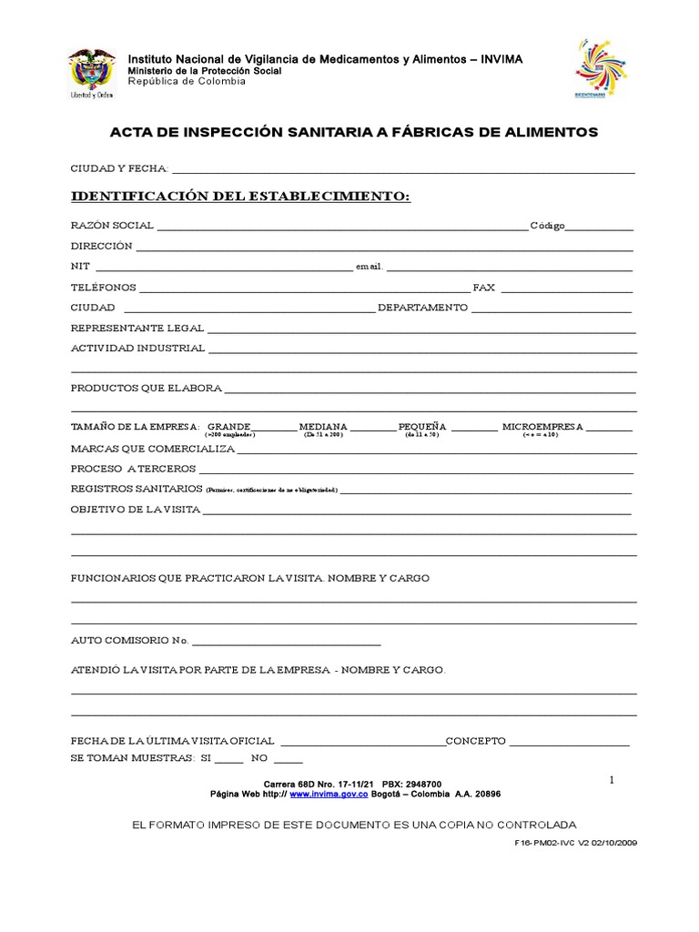 Acta inspección fábricas alimentos INVIMA | PDF | Agua | Calidad (comercial)