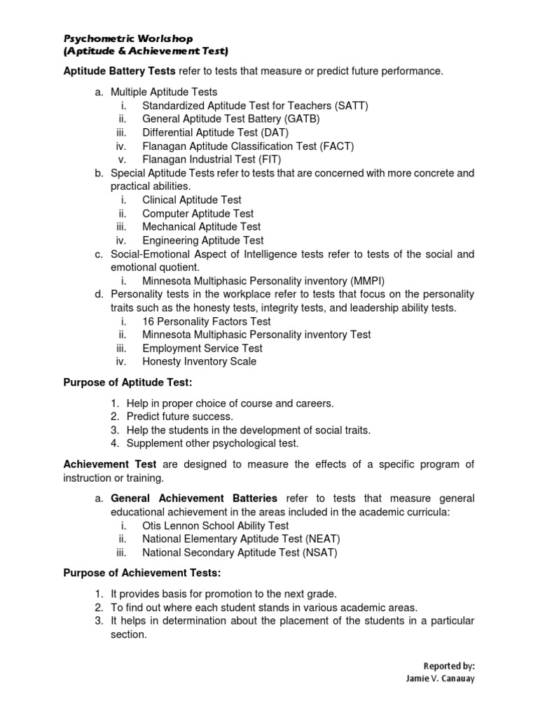 Psychometric Workshop (Aptitude & Achievement Test) | PDF ...