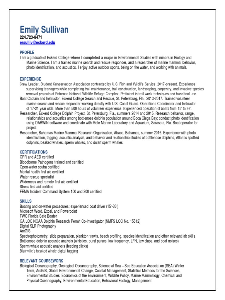 Emily Sullivan Resume 01aug17 | PDF | Dolphin | Marine Mammals