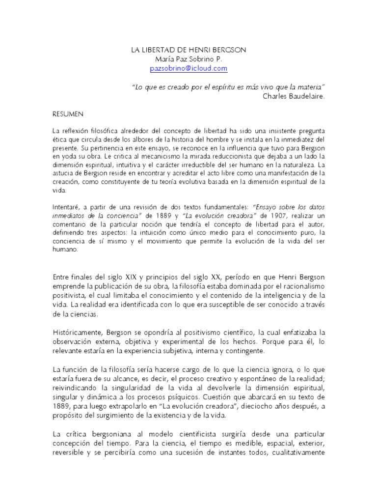 La Libertad de Henri Bergson | PDF | Henri Bergson | Determinismo