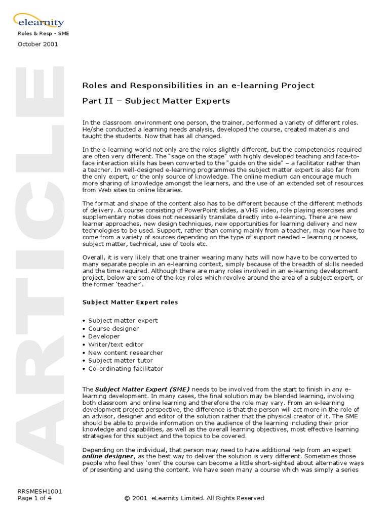 Roles and Responsibilities-SME | PDF | Educational Technology | Expert