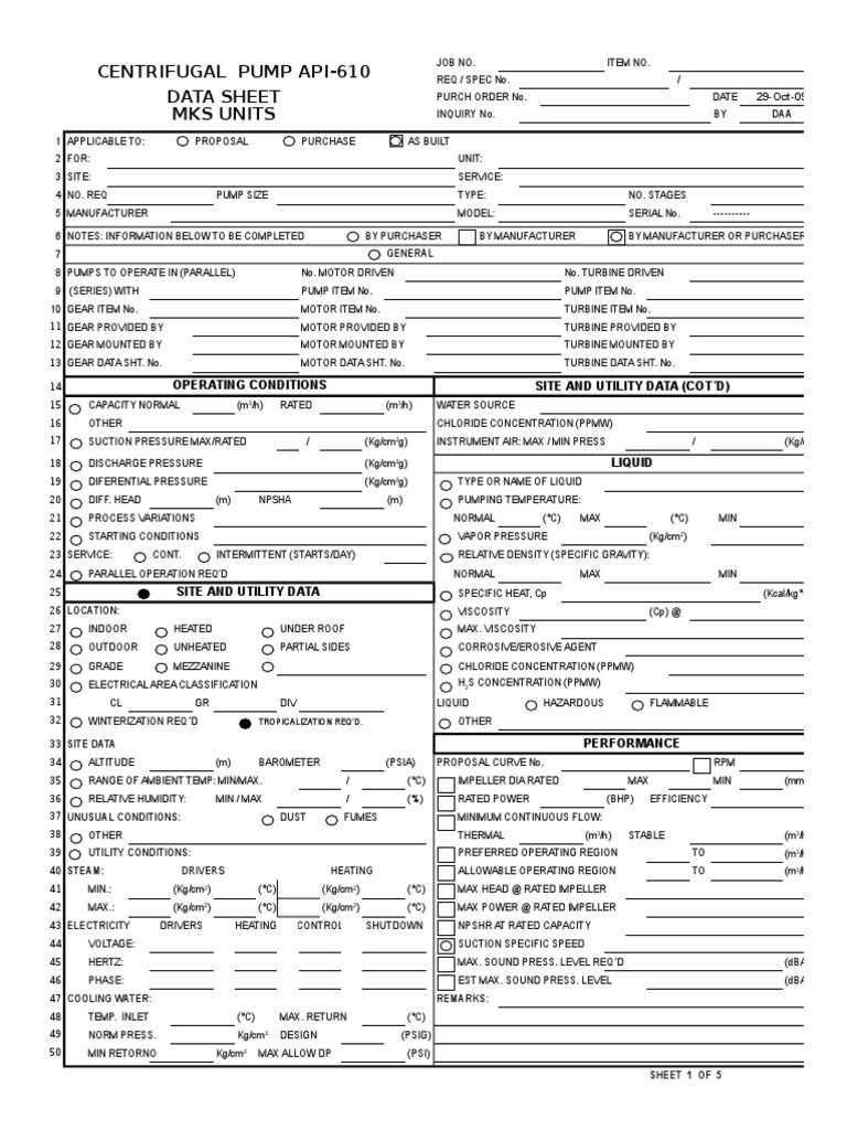 Centrifugal Pump Api-610 Data Sheet Mks Units: Operating Conditions ...
