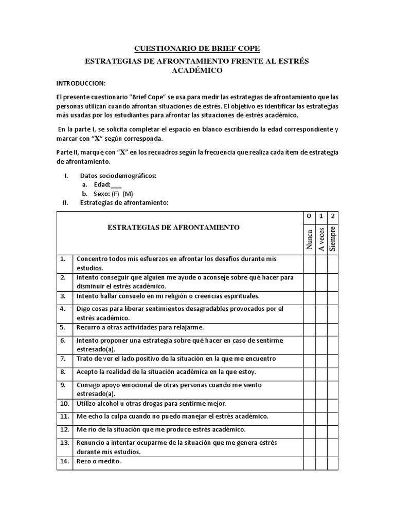 Cuestionario de Brief Cope | Estrés (biología) | Medicina
