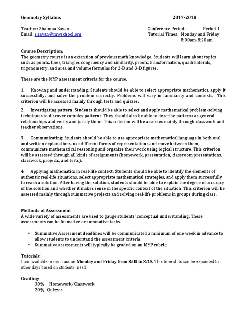 Geometry Syllabus | Download Free PDF | Homework | Educational Assessment