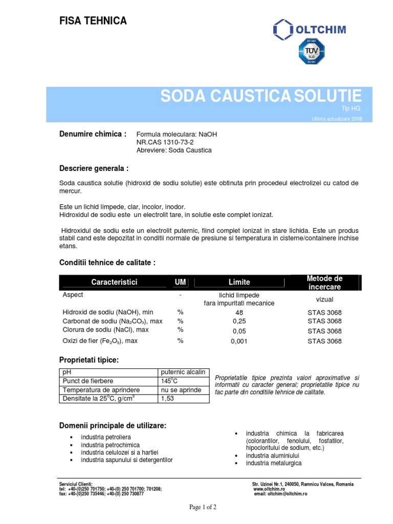 Technical Data Sheet for Sodium Hydroxide Solution: Properties ...