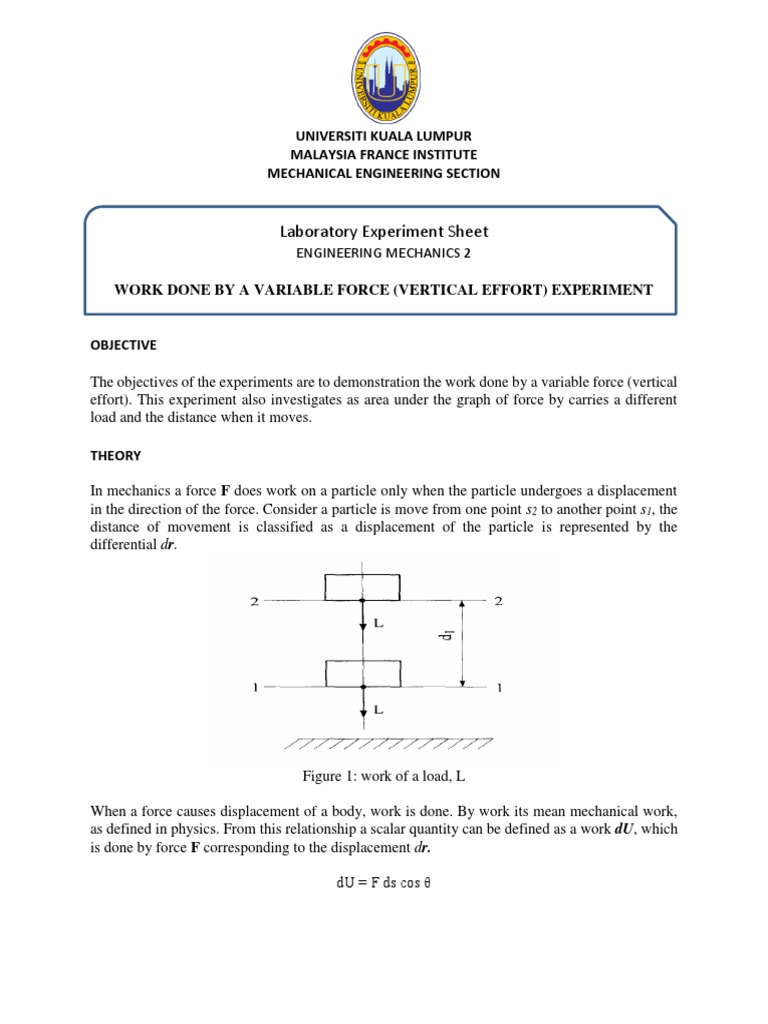 Work Done by A Variable Force (Vertical Effort) Experiment | PDF ...