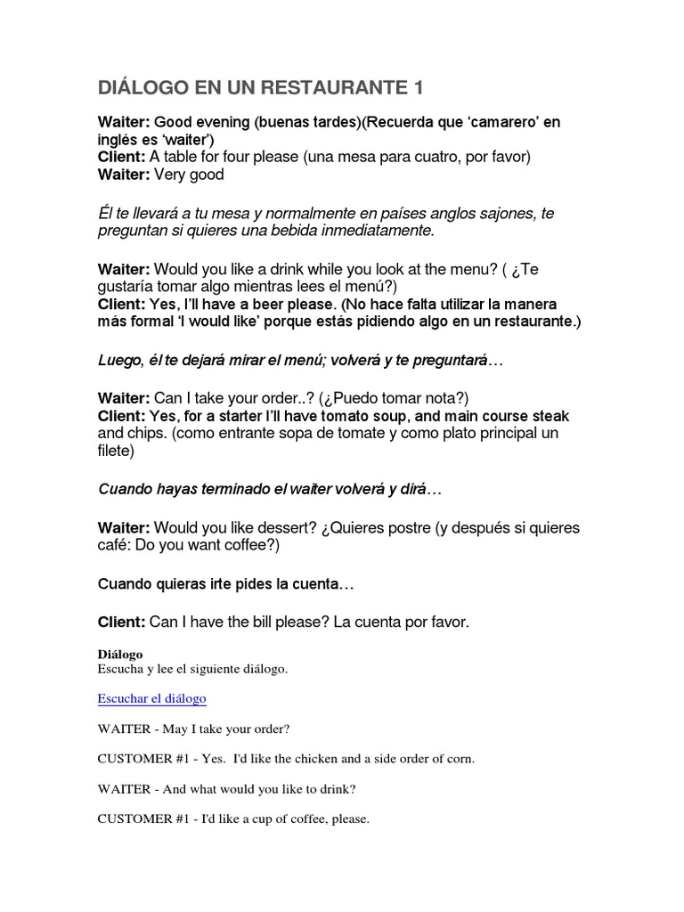 Diálogo en Restaurante en Inglés | PDF | Comida y bebida | Ocio
