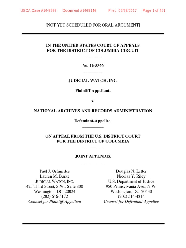 Joint Appendix | PDF | Summary Judgment | Judicial Watch