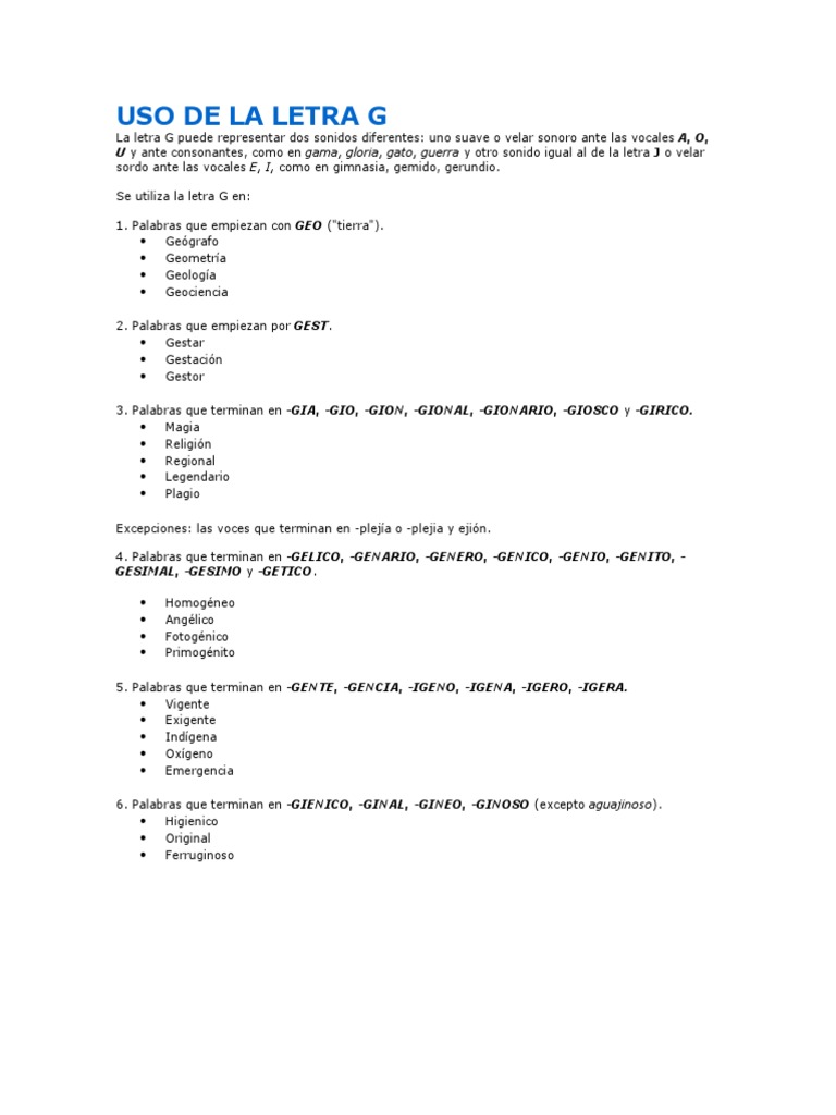Uso de La Letra G | PDF | Morfología Lingüística | Tipología Lingüística