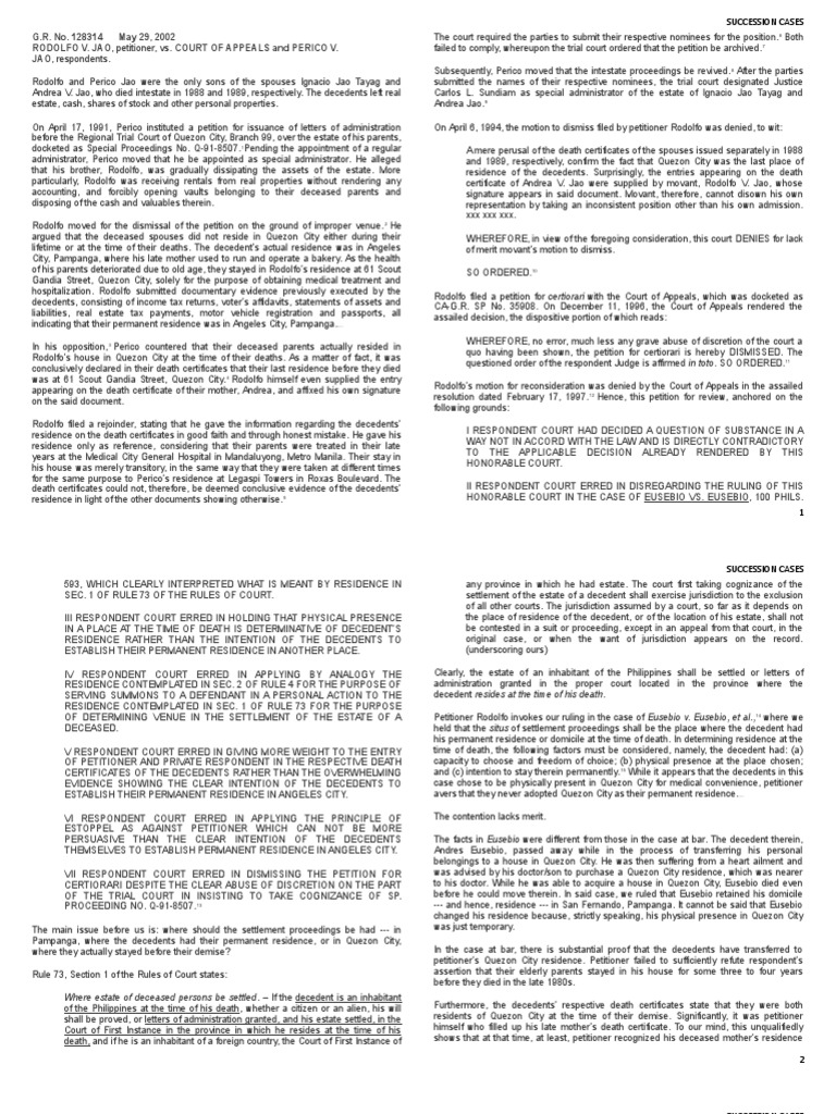 Succession Case: Jao vs. Jao, 2002 | PDF | Complaint | Domicile (Law)