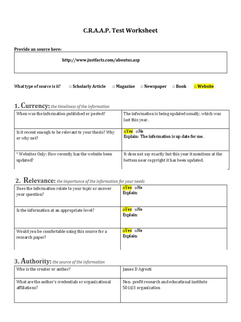 Craap Test Worksheet | Download Free PDF | Citation | Bias