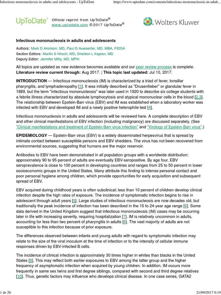 Infectious Mononucleosis In Adults And Adolescents UpToDate