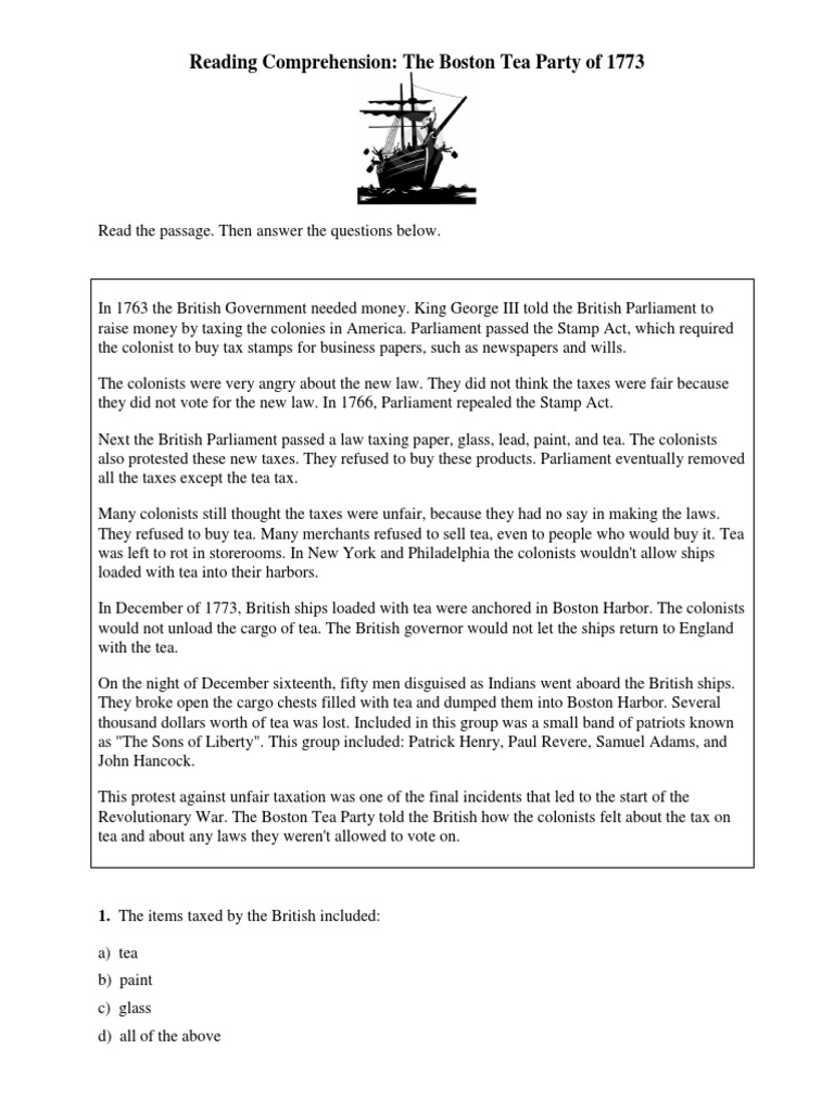 Reading Comp Boston Tea Party | PDF | Atlantic Revolutions | United ...