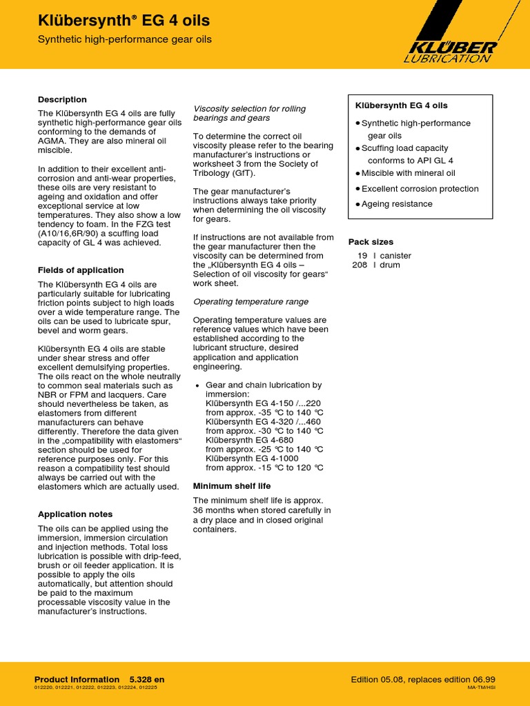 Kluber - Klubersynth Eg 4 Series - En¡ TDS¡¿ | PDF | Gear | Motor Oil