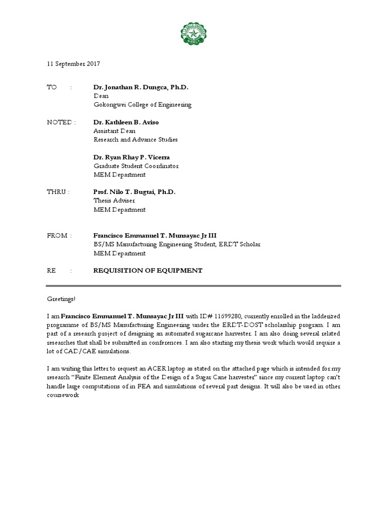 Equipment Request Letter | PDF