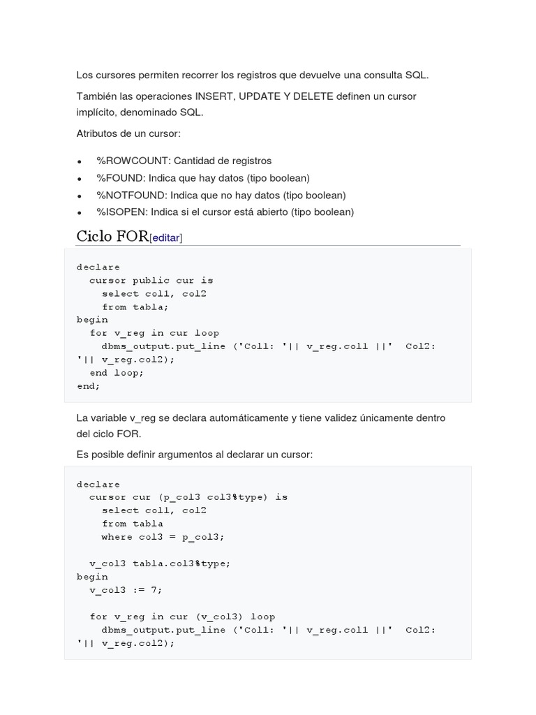 Cursores en SQL: Uso y Ejemplos | PDF | SQL | Datos de computadora