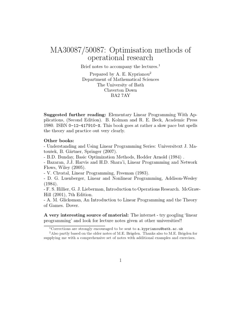 MA30087/50087: Optimisation Methods of Operational Research | PDF | Linear Programming ...